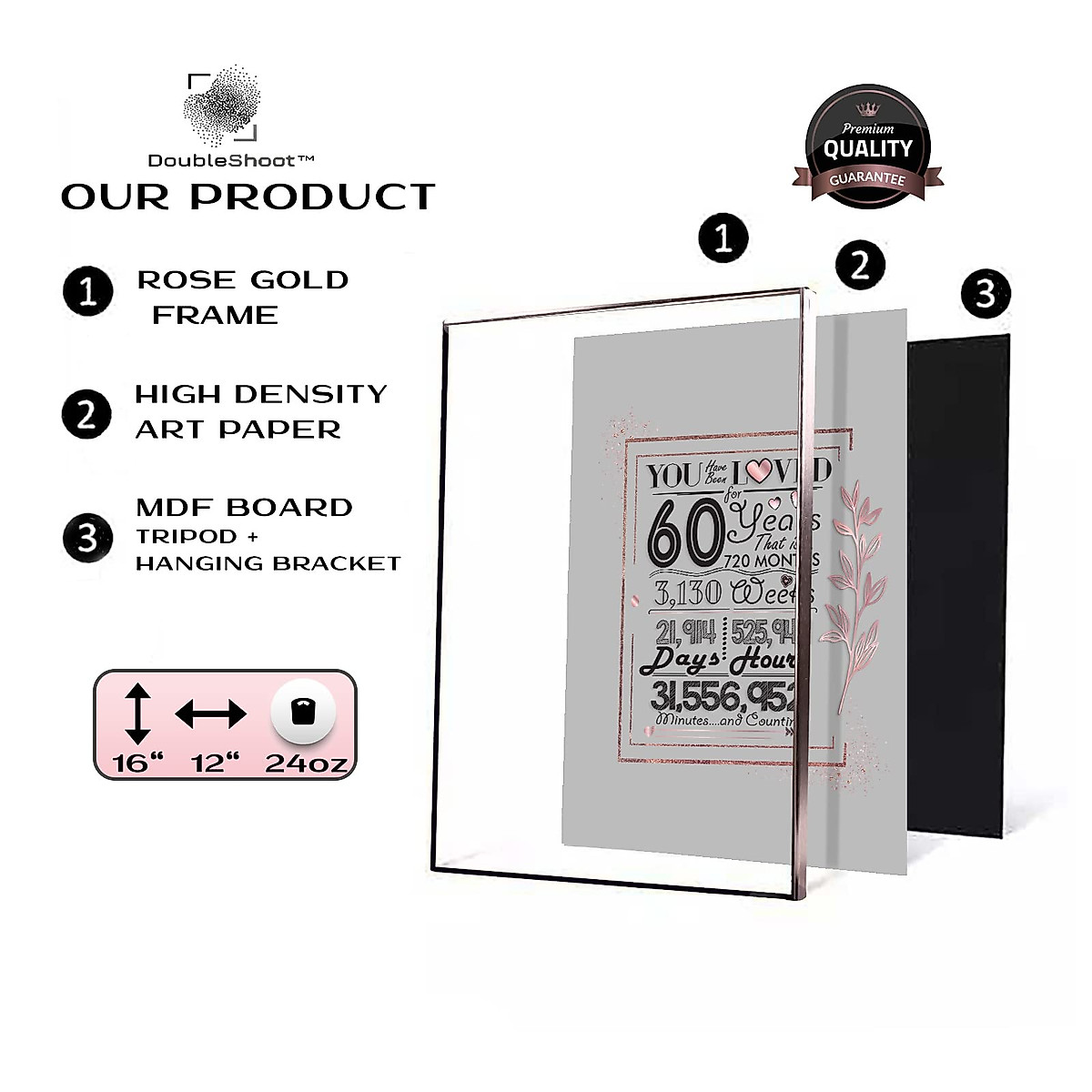 Framed Rose Gold 60th Birthday Decorations Sign Poster for Girl - 60 Birthday Gift 12"x16" Guest Party Favors Book Alternative – With Pen & Wall Hanger – Great 60 Years Old Gifts for Womens