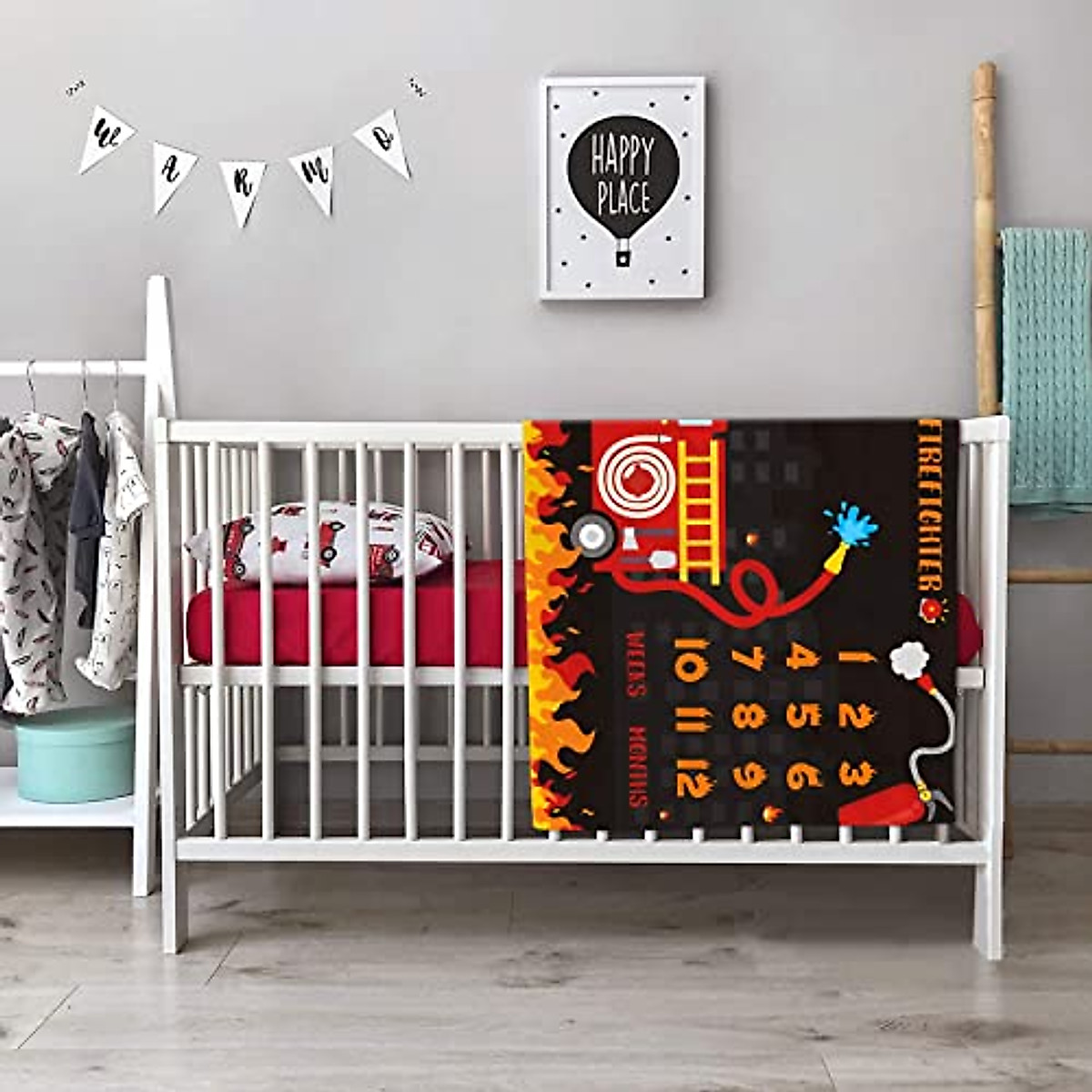 Fire Truck Baby Milestone Blanket for Boy Little Firefighter Monthly Growth Tracker Soft Plush Fleece Nursery Blanket Newborn Baby Boy Bedding Photography Background