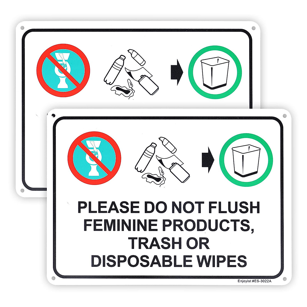 2-Pack Please Do Not Flush Feminine Products, Trash Or Disposable Wipes Sign，10"x 7" Plastic Sign
