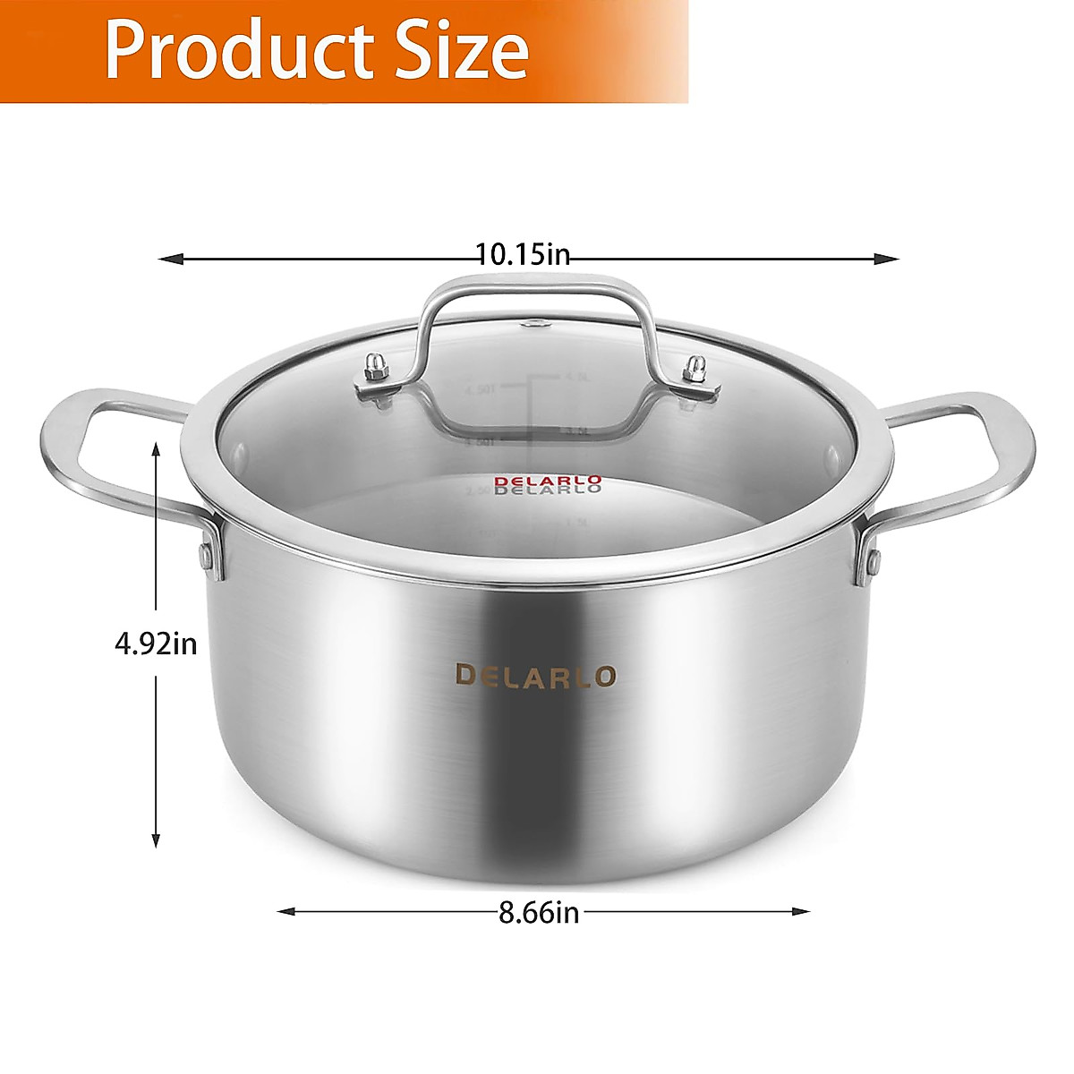 DELARLO Whole Body Tri-ply Stainless Steel StockPot 3.5QT, Cooking Pot 18/8 Food Grade, Durable Soup Pot with Glass Lid,Suitable for All stoves, Dishwasher-Safe