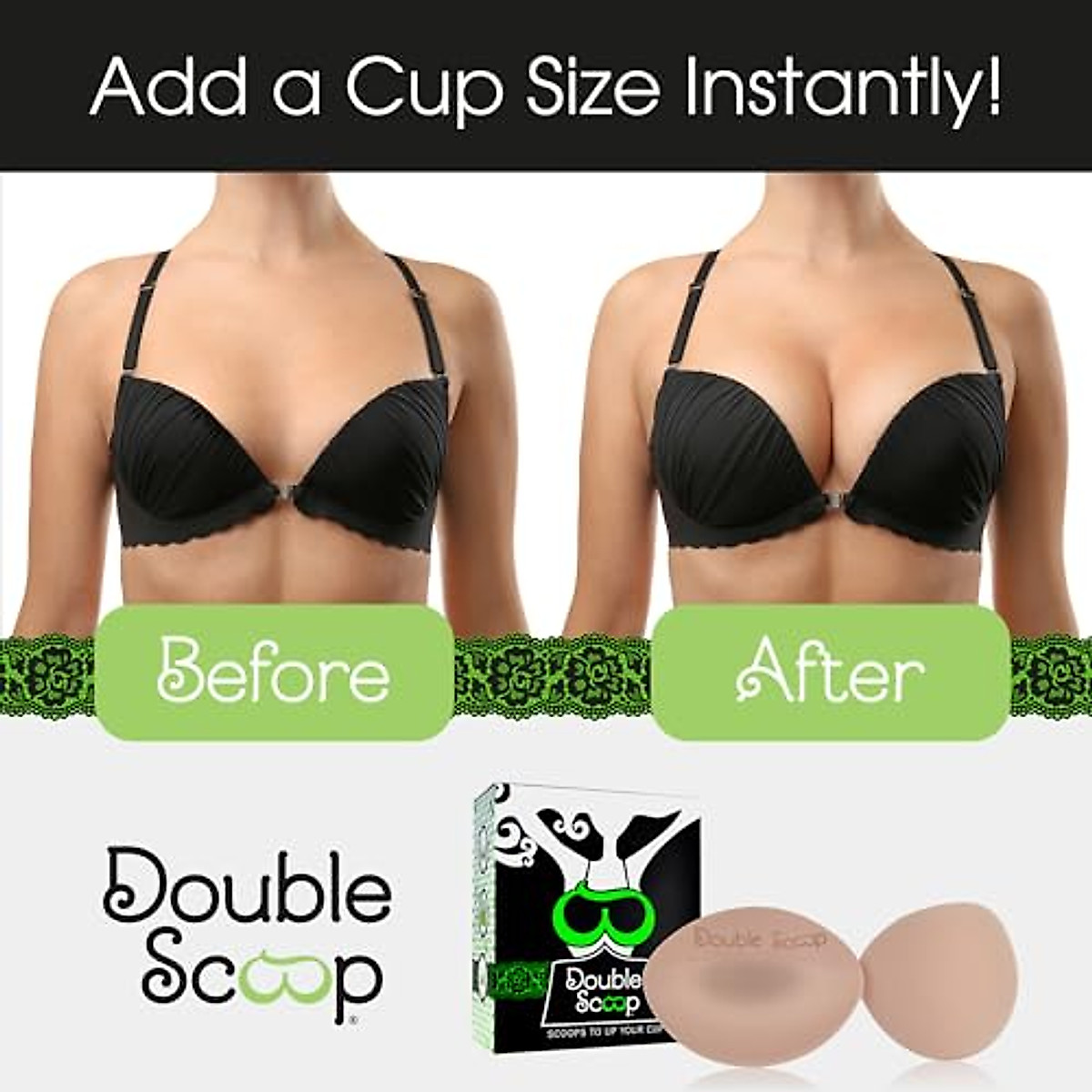 Double Scoop® Push Up Inserts w/Bonus Tape Sticky Strips, Instant Breast Implants, Replacement Bra Pads, Padded Bralette Hack, Breast Lift, Foam Bra Filler Insert, Bra Stuffer, Cup Size A/B (Nude)
