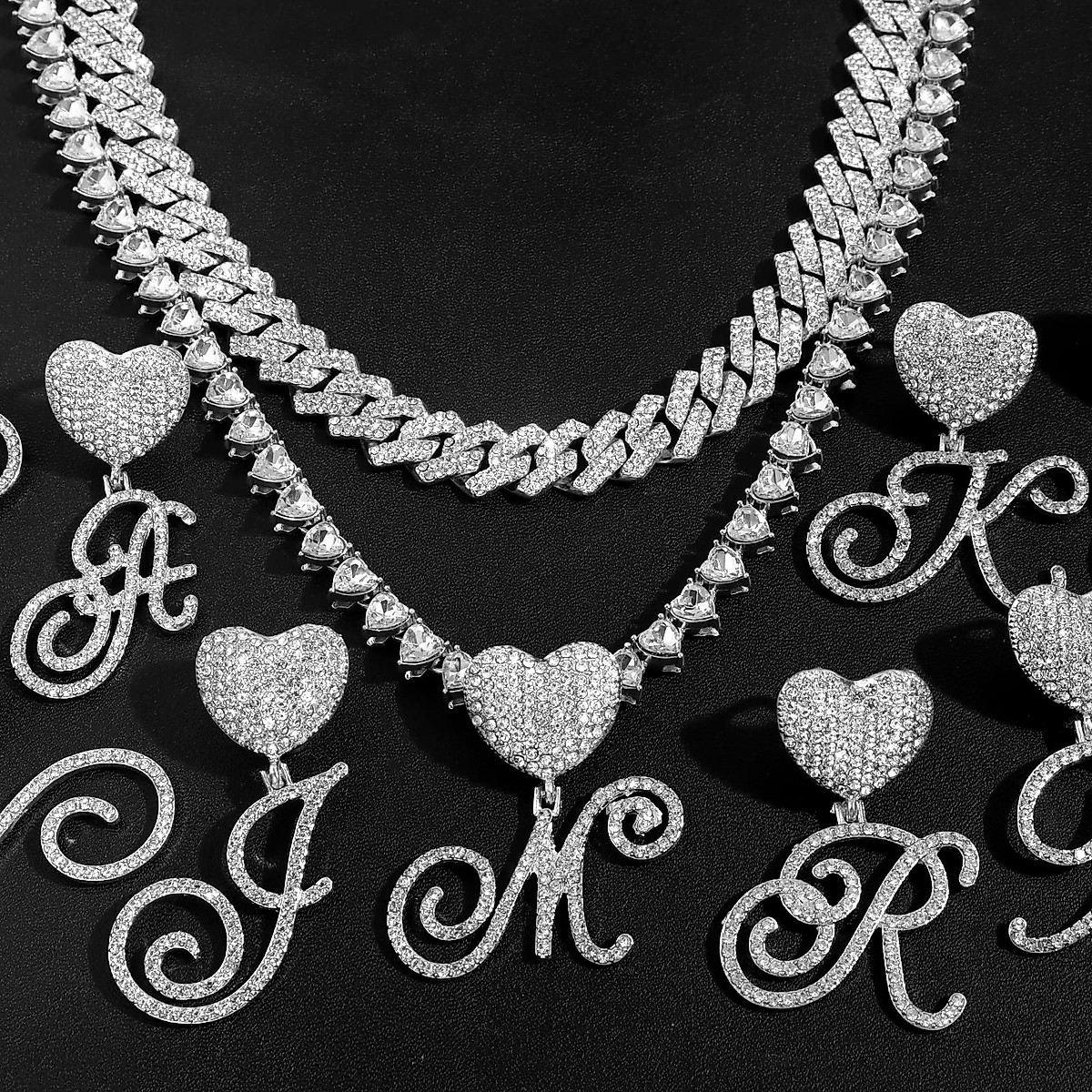 DLSIXNCO Silver Cuban Link Chain for Women Cursive Initial Layered Necklaces Heart Shape Bling Diamond Iced Out Pendant Necklace for Women 2PCS Hip Hop Chain Trendy Dainty Rapper Jewelry Gift, 16