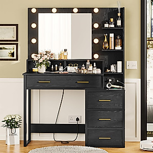BTHFST Makeup Vanity with Lights and Charging Station, Black Vanity Desk with Mirror and Lights, Makeup Table with 5 Drawers and Shelves, Vanity Mirror with Lights Desk, Black Wood Grain