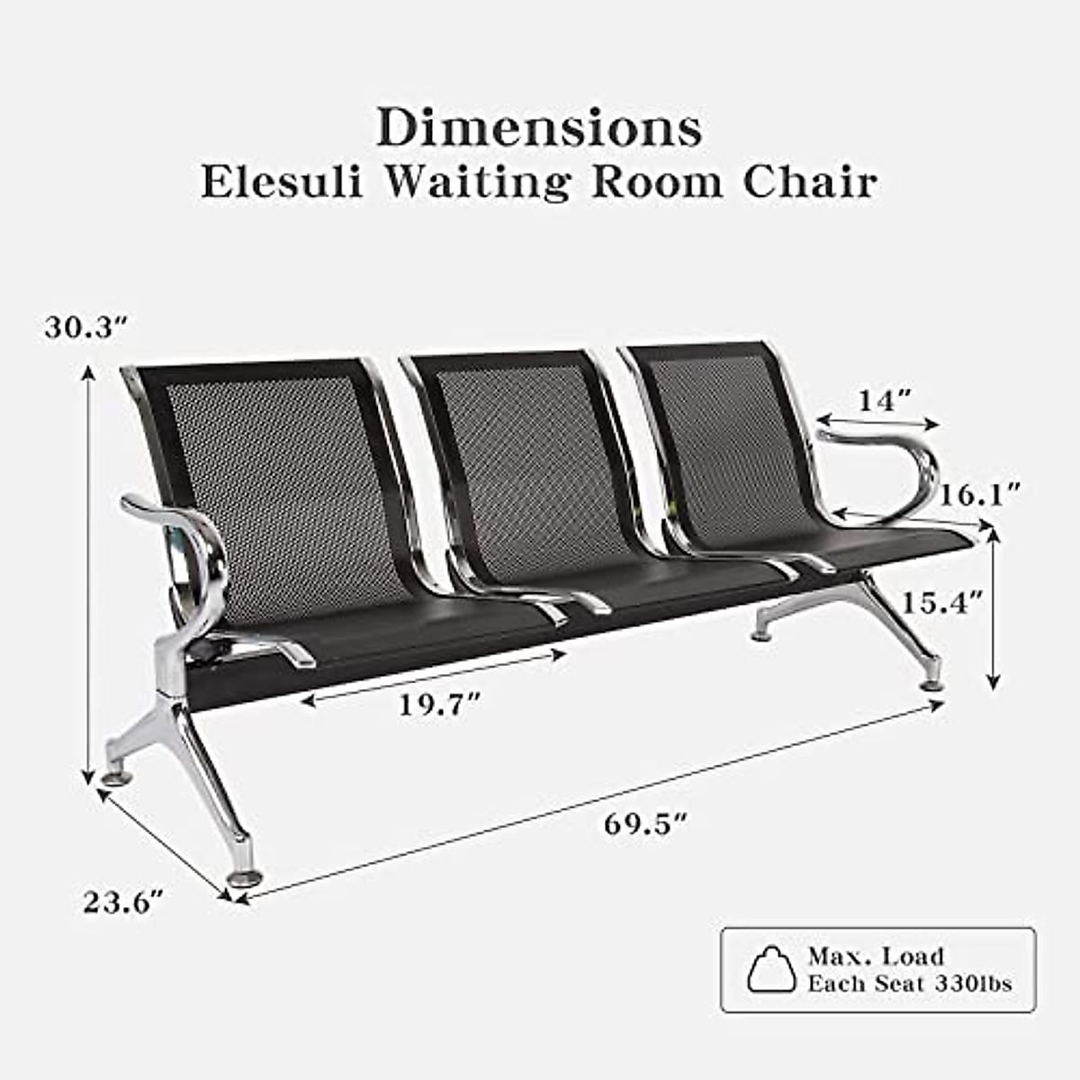 Elesuli 3 Seats Reception Waiting Room Chair Guest Chairs Bench for Hospital Offices Salon Barber Black