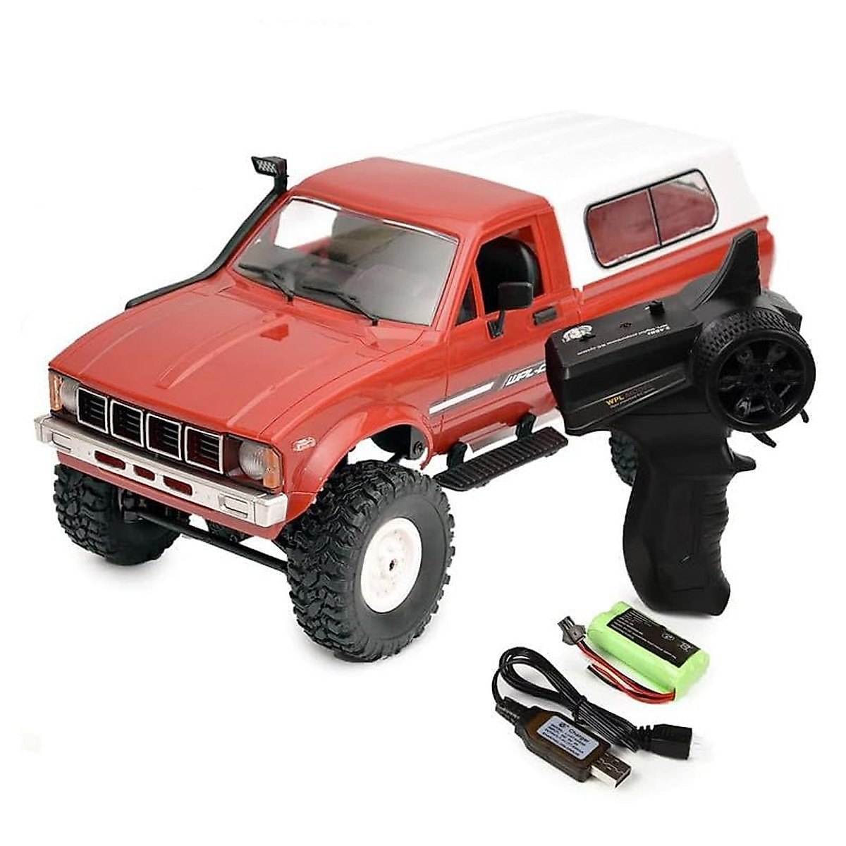 YIKESHU RC Rock Crawler WPL C24 RC Truck 4x4 1/16 RC Crawler Off Road All Terrain Car Proportional Throttle Steering Hobby RC Toy Climb Semi Truck LED Light RTR Trailer (Red)