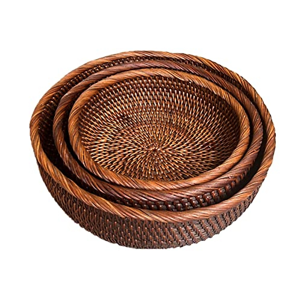 AMOLOLO 3 Pack Round Rattan Bowl Basket, 8 9 10 Inch Handmade Wicker Basket Tray with Scalloped Edge and 3”Deep Wall, Woven Dark Brown Bread Basket Fruit Bowl Key Holder Table Centerpiece, 3-Size
