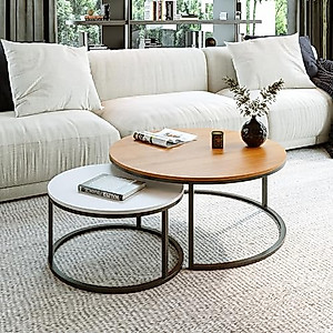 ODIKA 31.5'' Modern Round Nesting Coffee Tables (Set of 2), Stacking Living Room Accent Tables with Industrial Wood Finish & Metal Frame, Brown/White Tops, Space-Saving, Easy Assembly & Cleaning