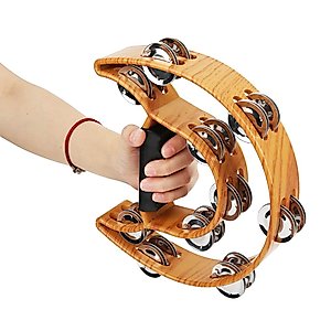 FAMKIT Double Row Handbell, Tambourines for Adults Hand Percussion Metal Jingles with Ergonomic Grip Percussion Instrument Imitation Wood Color