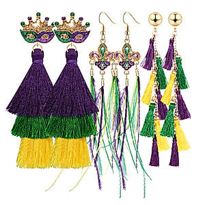 Mardi Gras Earrings Set Long Purple Green Gold Tassel Feather Mask Fleur De Lis Dangle Earrings for Women (3 pairs Mardi gras earrings set)