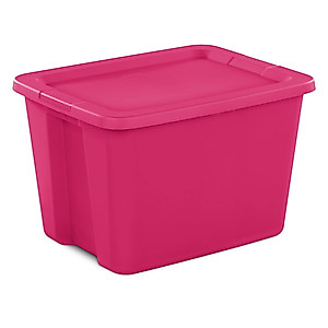 ouyoo Plastic Storage Bin 18 Gallon Storage Tote Organizing Container with Durable Lid , Stackable and Nestable, Great for Garage Storage, Office Supplies, Clothes, Moving Boxes, 8 Pack（Fuchsia ）
