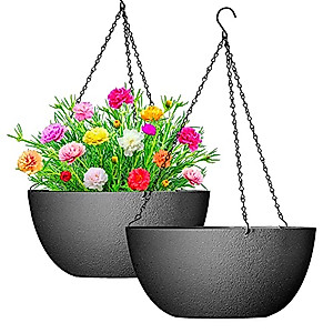 WOUSIWER 13 inch 2Pack Large Hanging Planters for Outdoor Indoor Plants with Drainage Holes and Chain, Round Hanging Flower Pots for Garden Home Porch Decor, Black