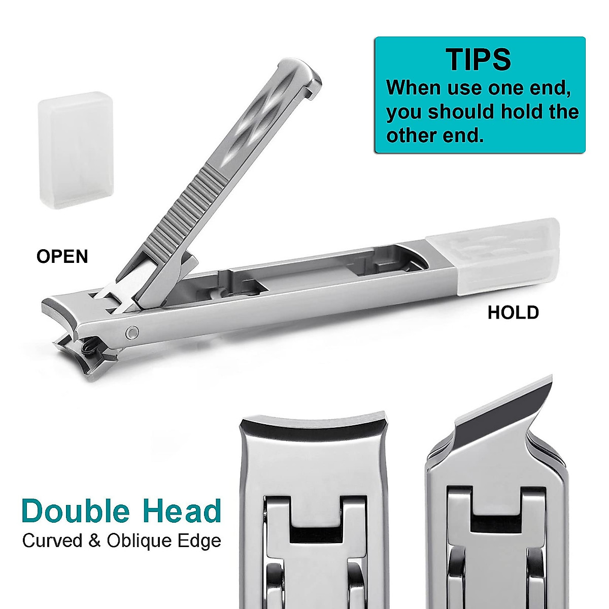 VOGARB Portable Nail Clippers for Thick Nails Ultra Slim Folding Safety Lock Wide Jaw Opening Cutter with File Travel Double Head Curved and Slanted Trimmer for Toenail Fingernail (Silver with File)