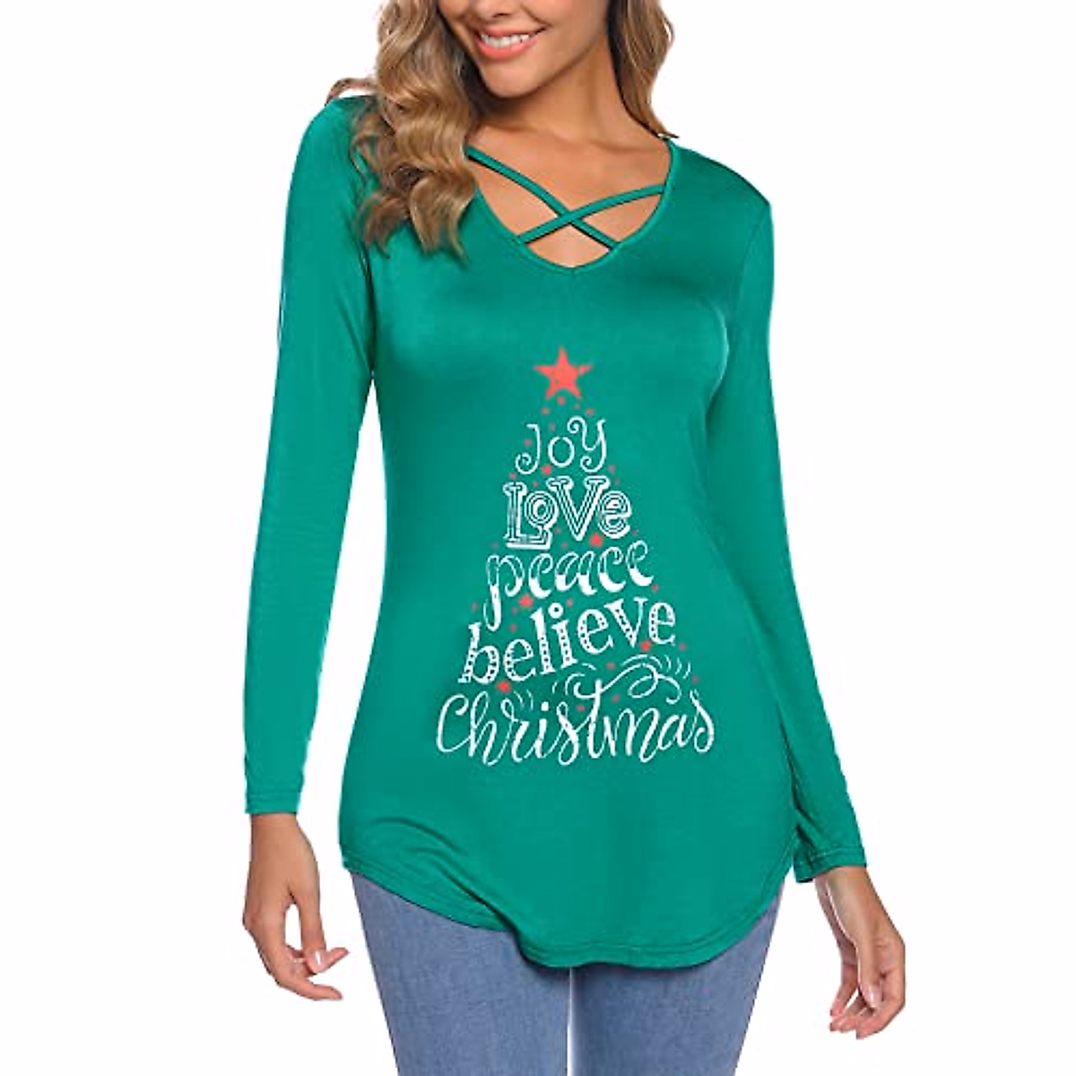 iClosam Women Christmas Letter Print Long Sleeve Tunic Shirts Criss Cross V-Neck Curved Hem Blouses Xmas Tops Sweatshirt Green L