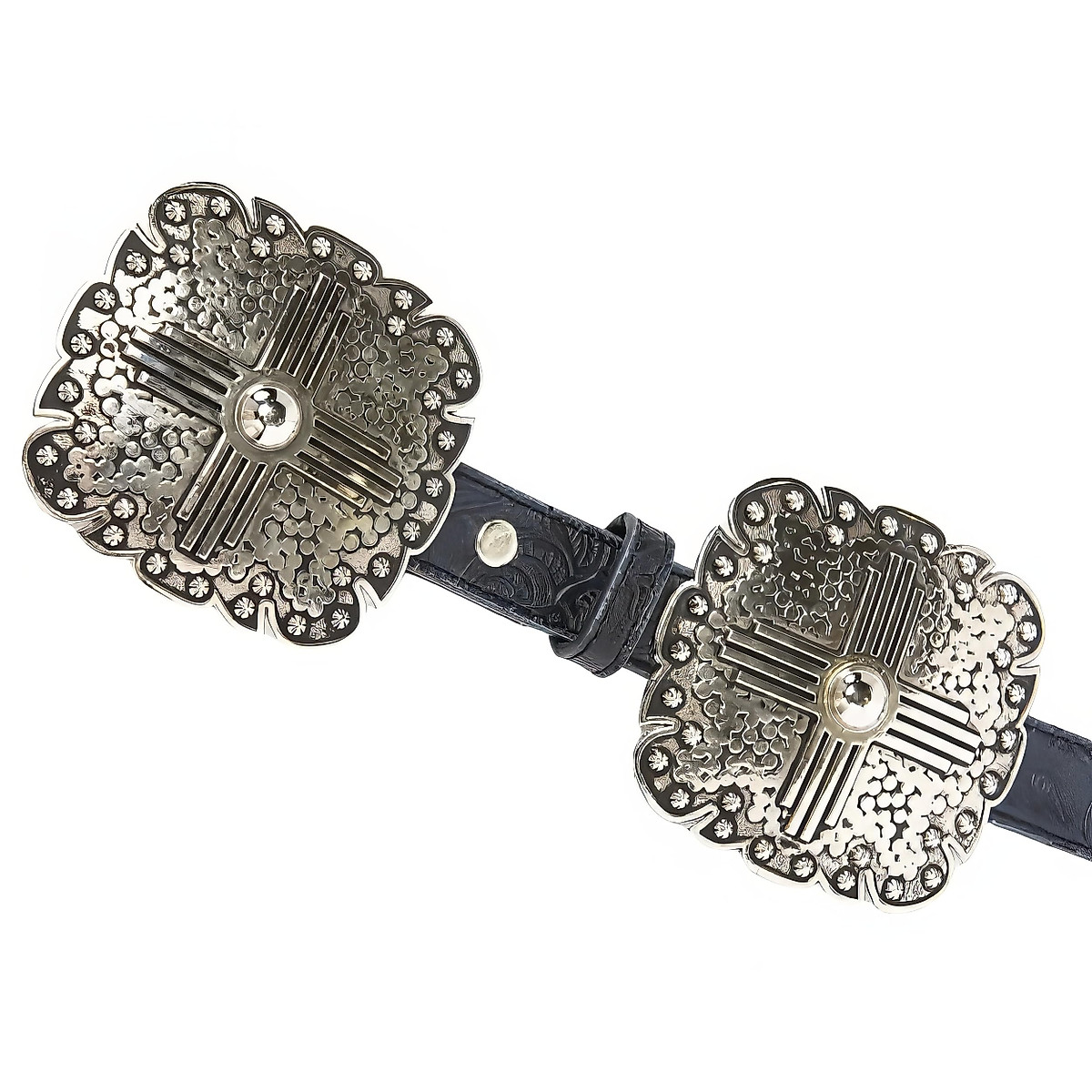Angel Ranch Ladies Black Floral Embossed Leather Belt with Antique Silver Tone Square Conchos, Removable Buckle, Small
