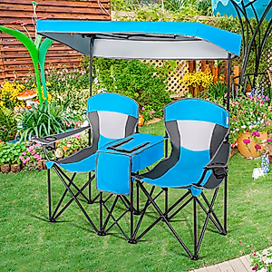 Goplus Double Beach Chair with Canopy Shade, Folding Lawn Camping Chairs with Sunshade & Mini Table Beverage Holder & Carrying Bag for Outdoor Travel Hiking Fishing Poolside (Blue)