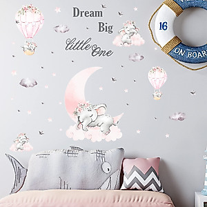 Large Pink Baby Elephant Wall Decal, MYKASEN Cute Five Elephant Dream Big Little One Wall Stickers Pink Moon Grey Stars Cloud, Removable Nursery Wall Decor for Baby Kids Boy Girl Bedroom Cradle