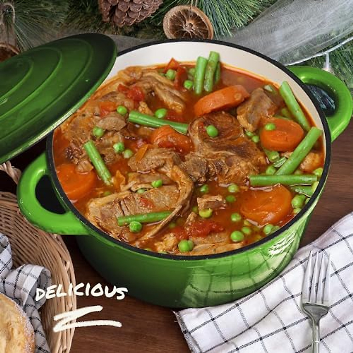 Overmont Enameled Cast Iron Dutch Oven - 5.5QT Pot with Lid Cookbook & Cotton Potholders - Heavy-Duty Cookware for Braising, Stews, Roasting, Bread Baking green