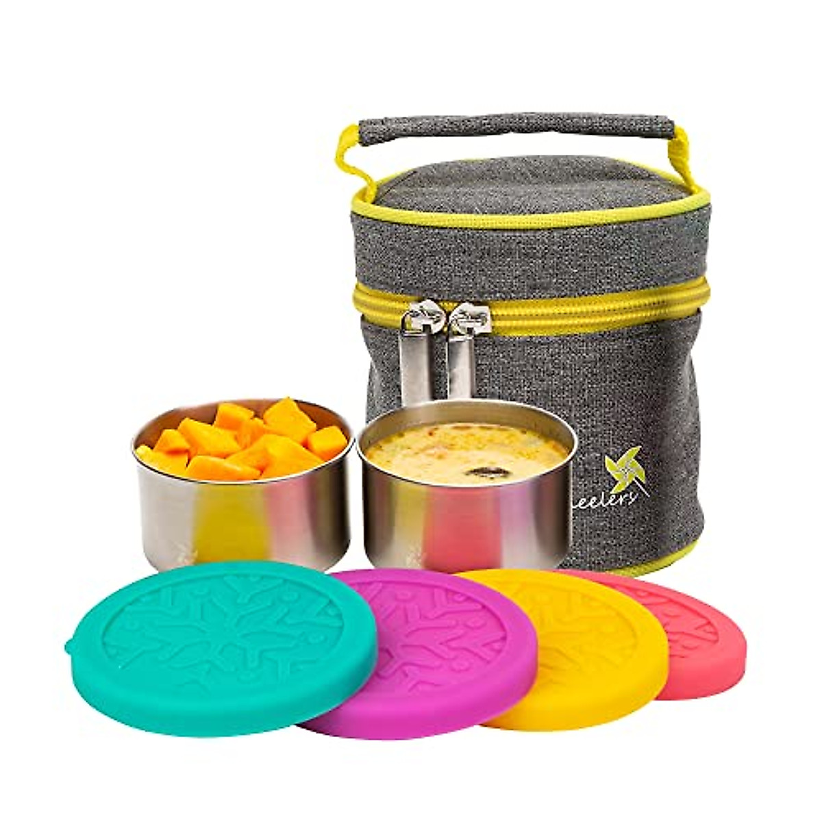 The Pinwheelers - 2 Storage Containers With Lids + 1 Insulated Bag, Food Storage Container for Mini Food, Adults & Kids Snack Container for Christmas Cookies/Christmas Candy, 220 mL, Yellow Gray Bag
