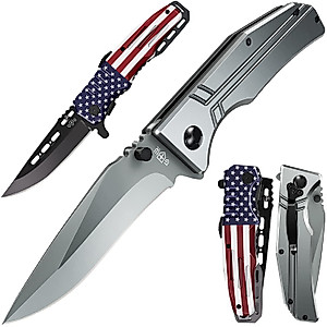 Bundle of 2 Items - Pocket Folding Knife - Military Style - Pocket Knife - Tactical Knife - Camping Hunting Knofe - Gray EDC Knife with Pocket Clip - Gift for Men - Stocking Stuffers