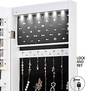 QUANYOU 6 LED Lights Lockable Full Mirror Full Screen Jewelry Organizer Wall Mounted/Door Mounted/Jewelry Cabinet Jewelry Armoire with Mirror/Full Length Mirror Hanging Mirror 7025 (White)