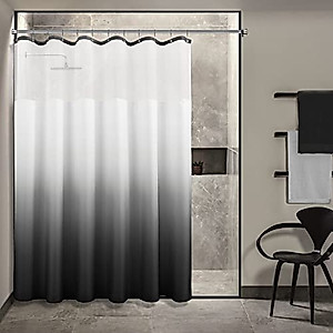 Black Shower Curtain Set with Snap-in Fabric Liner, Ombre Linen Textured Shower Curtain with 12 Hooks - Hotel Style, Water Repellent & Washable, Heavyweight Fabric & Mesh Top Window - 72x72, Black