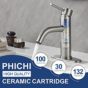 PHICHI Brushed Nickel Single-Handle Bathroom Faucet, 1 or 3 Hole Basin Bath Tap with Pop Up Drain and Deck Plate, Modern One-Hole RV Faucet Washbasin Faucet Countertop