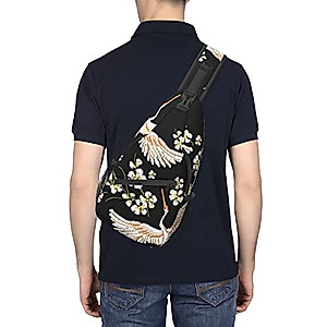 Retro Japanese Embroidery Crane Cherry Blossom Cross Chest Bag Diagonally Sling Backpack Crossbody Shoulder Bag Travel Hiking Daypacks for Men Women
