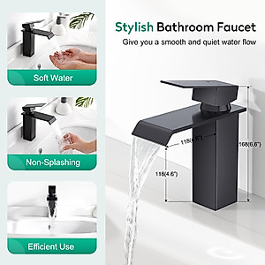 CREA Black Waterfall Bathroom Faucet 1 Hole,Matte Black Bathroom Faucet Single Handle Bathroom Sink Faucet with Pop Up Drain Stopper/ 3 Hole Plate,Stainless Steel RV Vanity Faucet Basin Mixer Tap