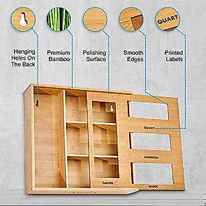 HEMSELA Ziplock Bag Organizer, kitchen drawer organizer with foil and plastic wrap, aluminum foil organizer, ziplock bag dispenser With Cutter, Compatible for Gallon, Quart, Sandwich & Snack (Wooden)