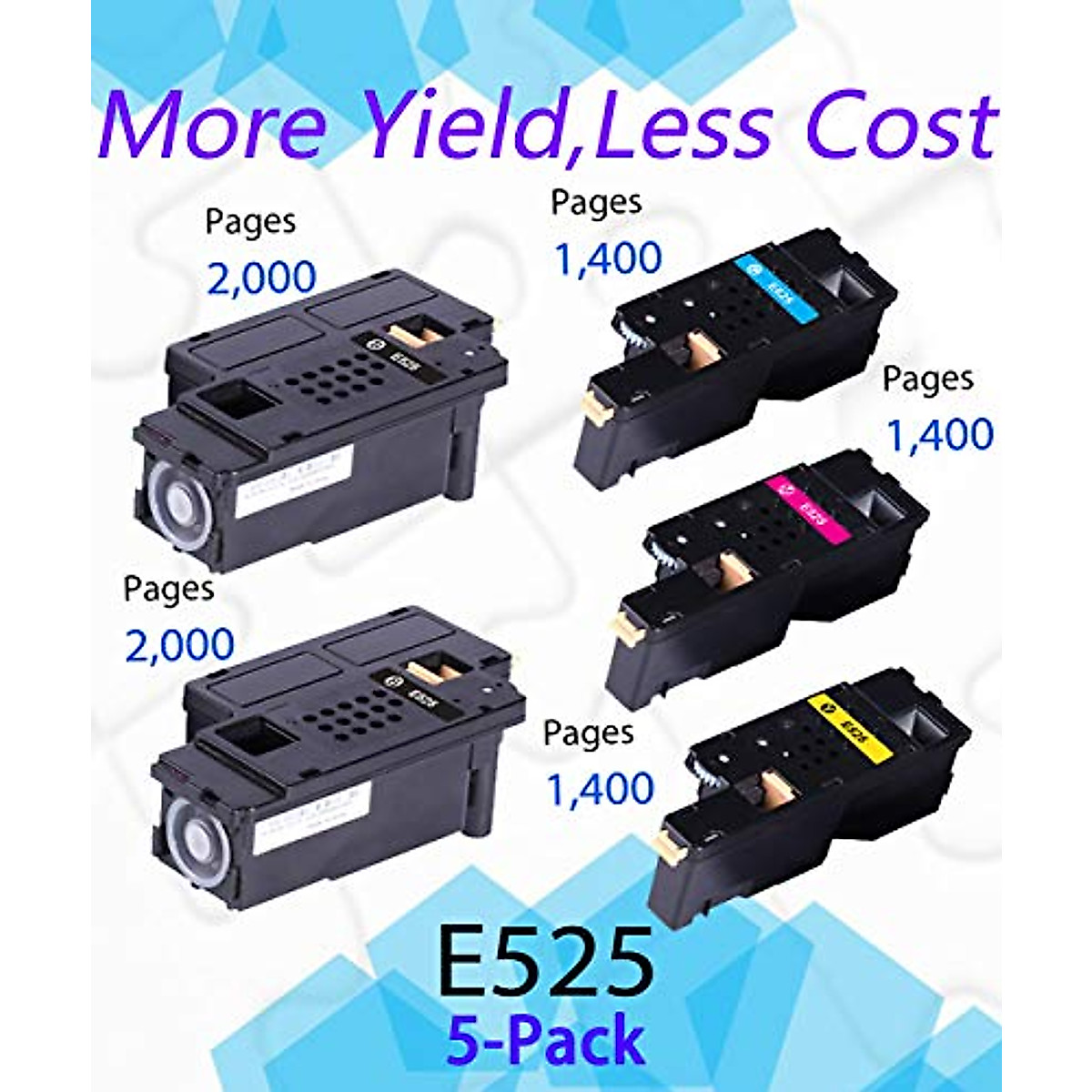 (2X BK+C+M+Y) 5-Pack Compatible Toner Cartridge Replacement for Dell E525W E525 for Dell E525W Wireless Color Laser Printer for 593-BBJX 593-BBJU 593-BBJV 593-BBJW, Sold by EasyPrint