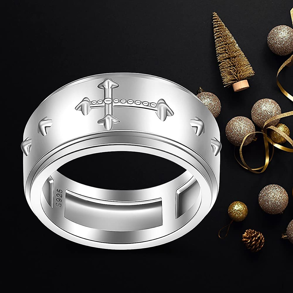 Talonior Fidget Cross Rosary Spinner Ring Sterling Silver Anxiety Ring with Beads for Women Praying Christian Religious Catholic Engagement Promise Band Rings Worry Size 9