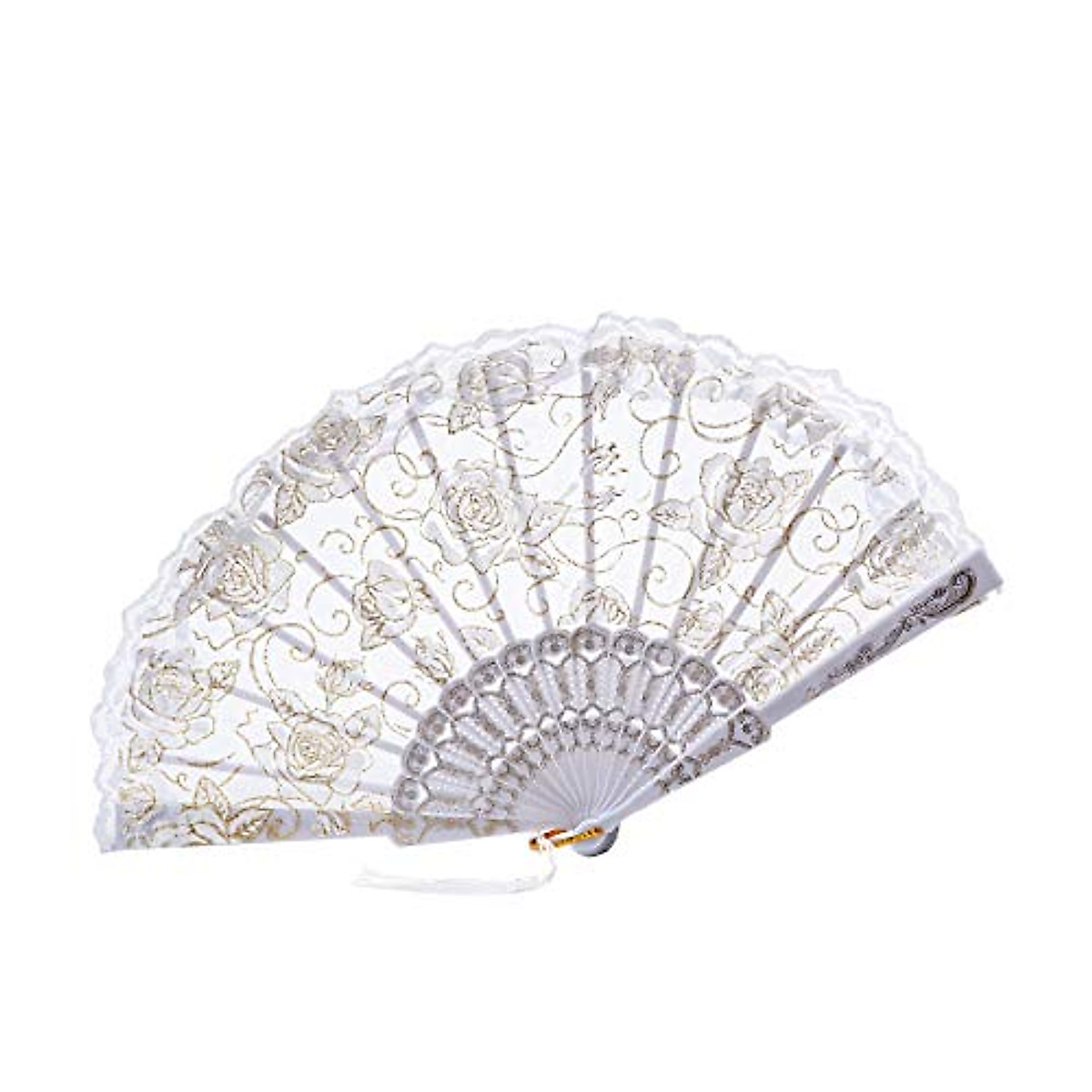 Sepwedd 30pcs Rose Lace Floral Folding Hand Fans Chinese Retro Folding Fan Bridal Dancing Props Church Wedding Gift Party Favors with Gift Bags（White）