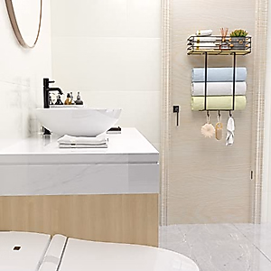 HOOOKIMM Towel Racks for Bathroom Wall Mounted, Towel Holder for Small Bathroom, Roll Towel Rack with Wooden Shelf and 3 Hooks, Bath Towel Storage, Bathroom Organizer Wall Decor for RV, Spa, Salon