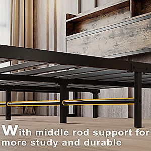 IRONCK Queen Bed Frame with Bookcase Headboard and Charging Station, Metal Platform Bed, Sturdy and No Noise, No Box Spring Needed, Vintage Brown