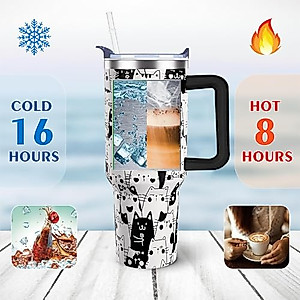 Mindunm 40 oz Cute Cat Tumbler with Handle and Straw Lid cat gifts for cat lovers for Women Double Insulated Cup Travel Coffee Mug