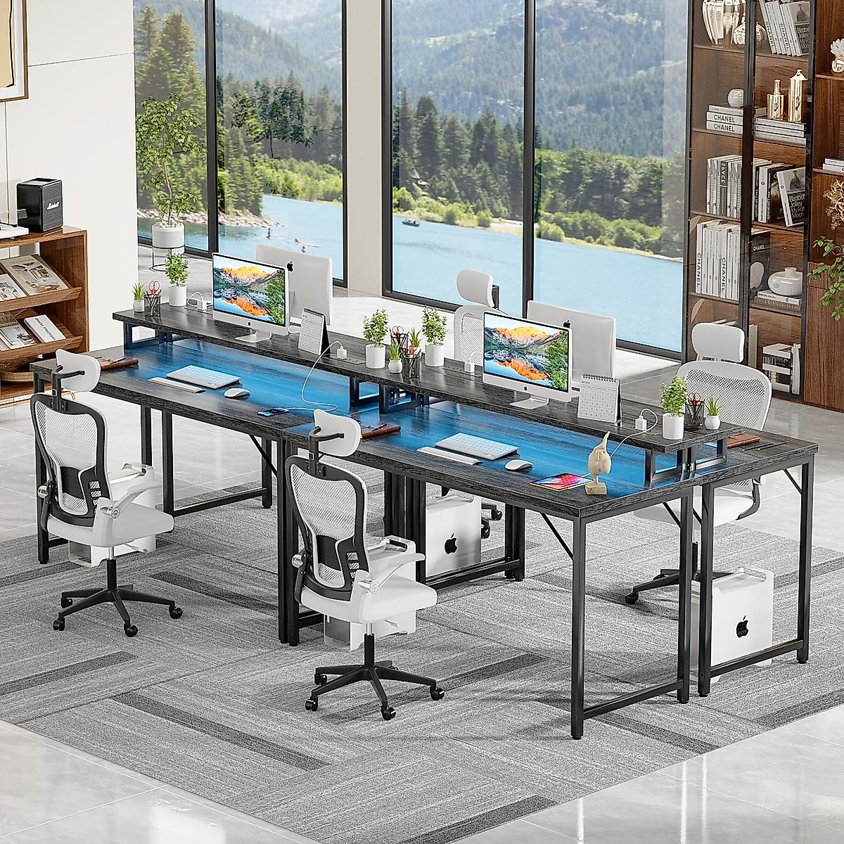 iSunirm 47 inch Computer Desk with Power Outlets, Gaming desk with LED Lights, Home Office Work Desk with Monitor Shelf, Modern Office Desk Study Writing Table for Small Spaces, Black Oak