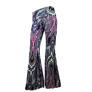 Sugar Rock Women Paisley Palazzo Hippie Pants Fold-Over Waist Bell Bottom Leg,Purple,X-Large