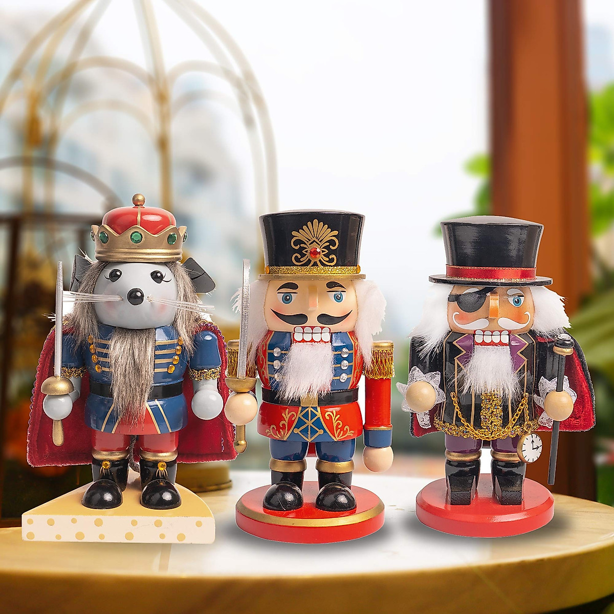 FUNPENY 3 Set Christmas Nutcrackers Figures, 7 Inch Handmade Wooden Mouse King Soldier and Pirate Traditional Nutcracker Decorations for Fall Festive Christmas Desktop Collectible Decor