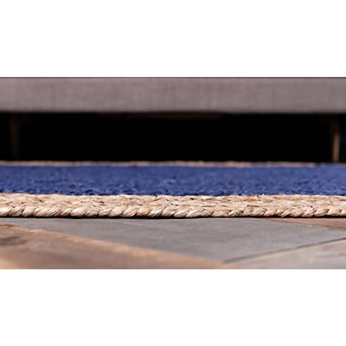 Unique Loom Braided Jute Collection Classic Quality Made Natural Hand Woven with Solid Color Detail, Area Rug, Runner 2' 6" x 6' 0", Navy Blue/Tan