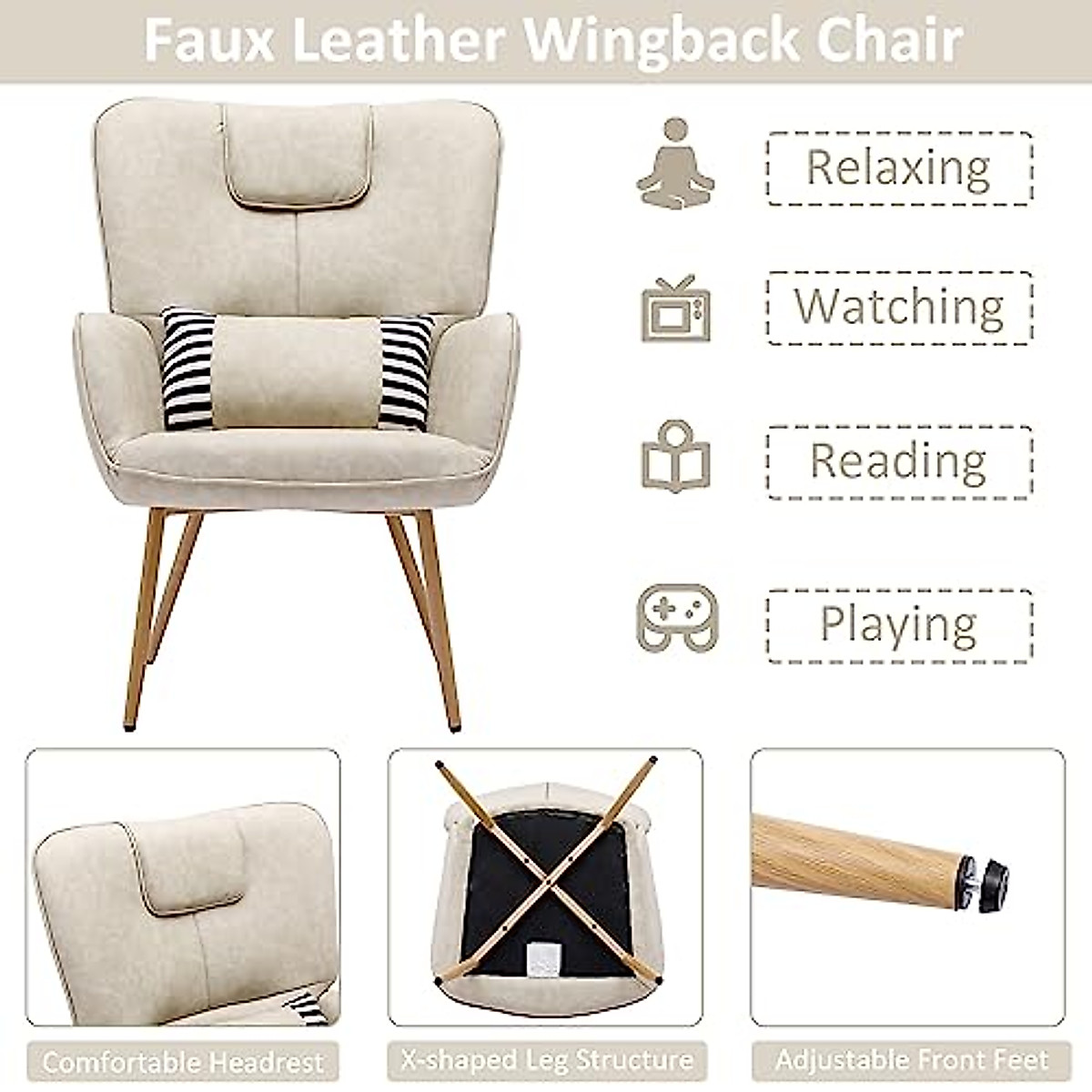 FERFALDER Upholstered Wingback Chair, Accent Chair with Ottoman, Comfy Living Room Chairs, Faux Leather Arm Chairs for Living Room, Bedroom, Office and Study, Beige