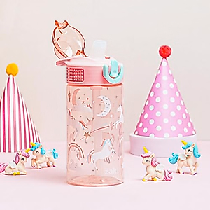 Zak Designs Sage Water Bottle For School or Travel, 16oz Durable Plastic Water Bottle With Straw, Handle, and Leak-Proof, Pop-Up Spout Cover (Fanciful Unicorn)