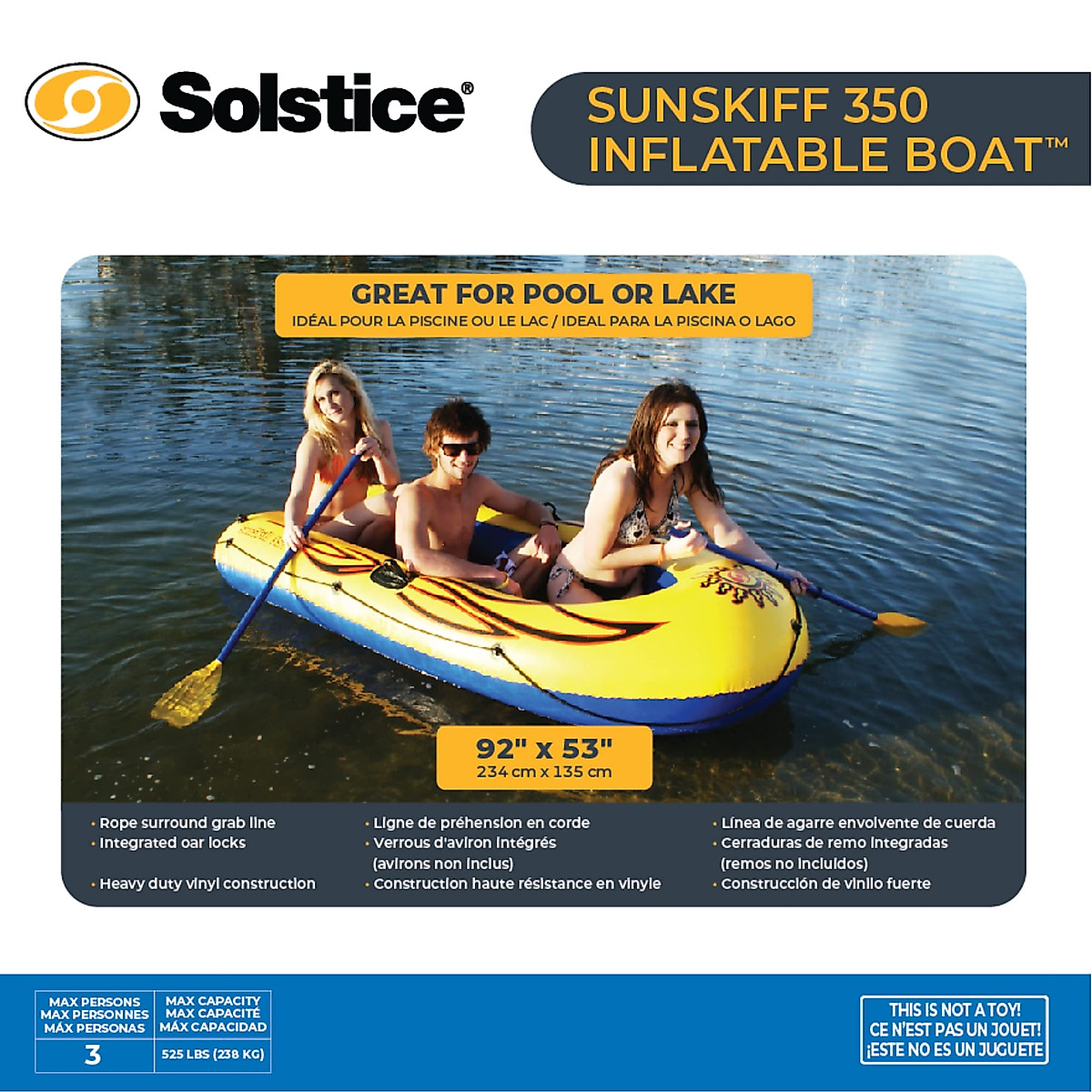 Solstice Inflatable Boat Rafts 3 Person for Adults & Kids Comes W/ Oars Paddles-Pump Pole Oar Holders Cushioned Comfortable Base Grab Line 8 Ft Size Sunskiff Kits Dinghy Air Floor Yellow