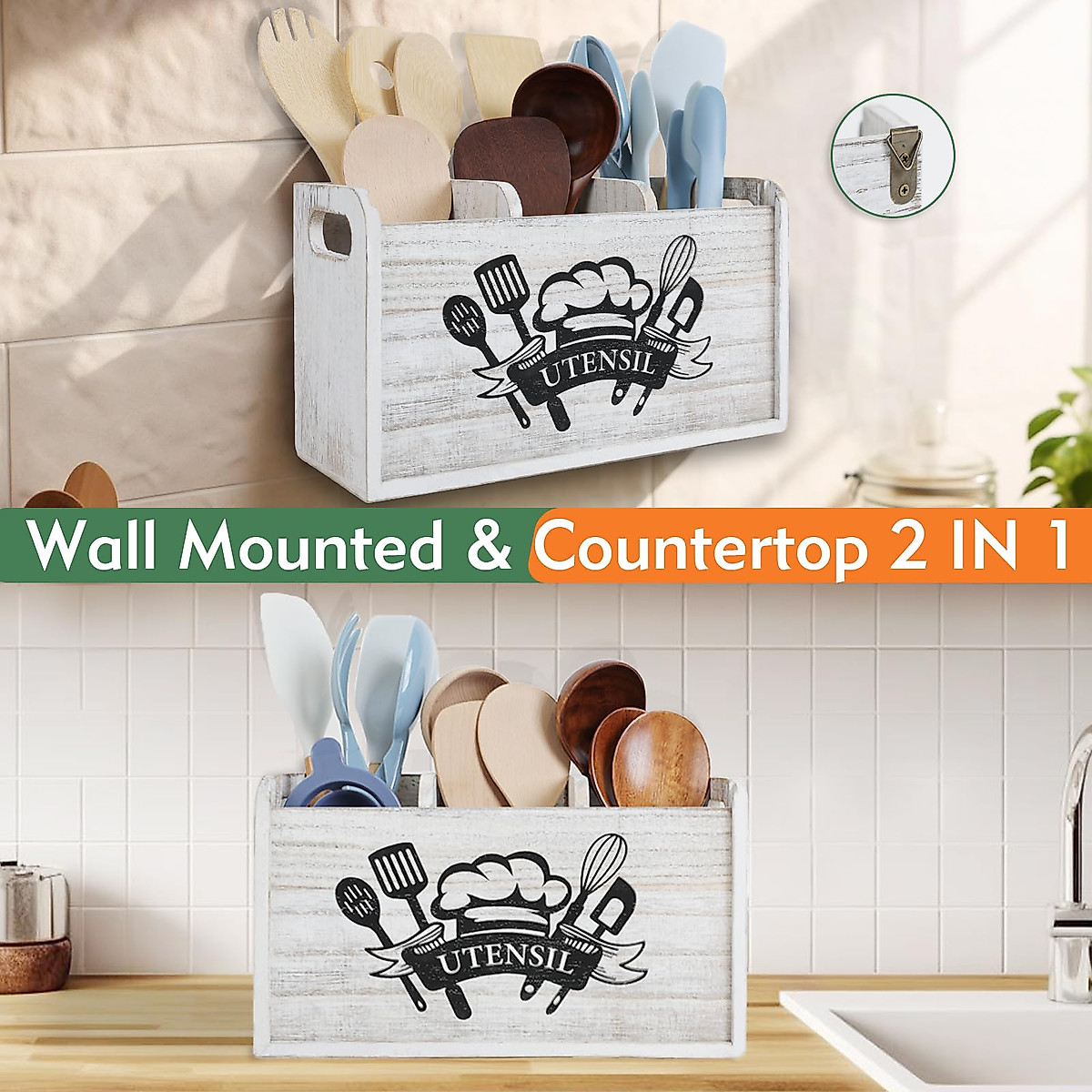 Fabuday Kitchen Utensil Holder for Counter Wooden - Extra Large Cooking Utensil Caddy for Spoon, Spatula Utensils, Rustic Farmhouse Utensils Organizer Countertop