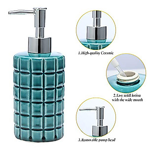 JOTOM Ceramic Bath Accessory Set,Luxury Bathroom Accessories Set - 4 Pieces with Decorative Hand Sanitizer Bottle,Toothbrush Cup,Toothbrush Holder,Soap Dish (Dark Green Square Lattice)