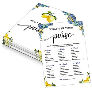 Blue Tiles and Lemons What's In Your Purse Game for 30 Guests with Game Cards, Lemons Bridal Shower Game, Modern Bridal Shower Decorations, Wedding Shower or Bachelorette Party Supplies - 02