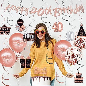 WOJOGO 40th Birthday Decorations Women, Rose Gold & Black 40 Birthday Decorations For Women Men, Including Happy 40th Birthday Banner Hanging Swirls Cake Topper Balloons for Party Supplies