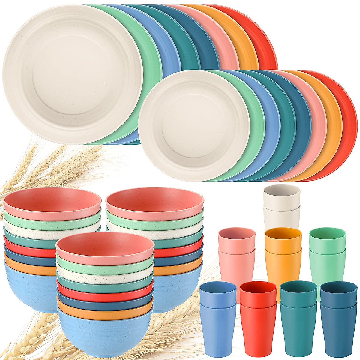 Aoriher 48 Pack Wheat Straw Dinnerware Sets Dishwasher Microwave Safe Dishes Set for 8 Unbreakable Lightweight Plastic Cup Plates and Bowls Sets Reusable Tableware Set for Kitchen Room Camping