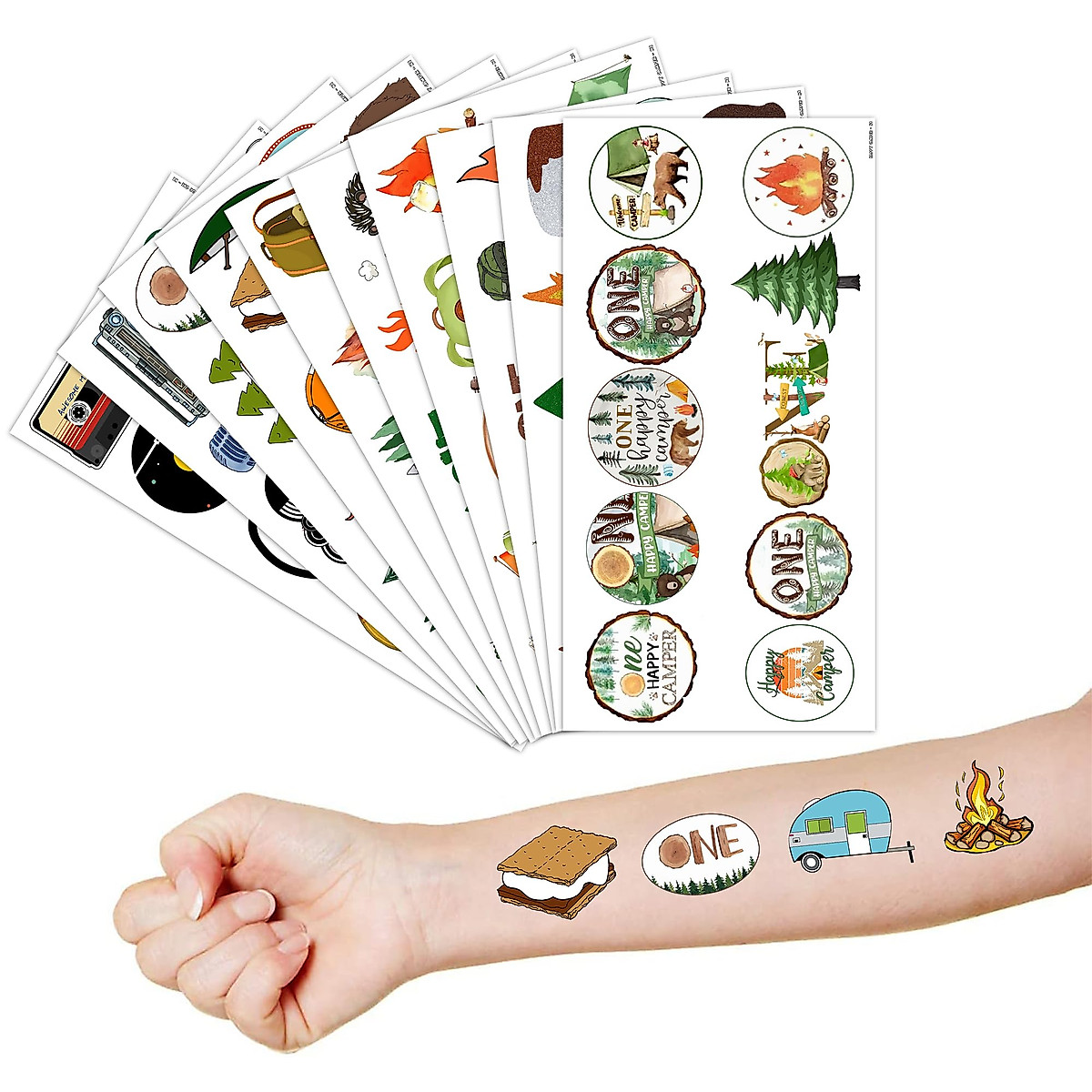 Cute Camper Temporary Tattoos Camping First Birthday Party Decorations Favors Supplies 1st Themed Stickers 10 Sheets 100 PCS Gifts for Baby Kids Girls Boys Decor Class School Carnival Christmas