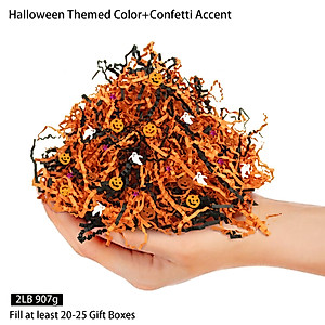 TORONTOKYO 2LB Halloween Black Orange Crinkle Cut Paper with Pumpkin Bat Ghost Witch Star Confetti, Raffia Paper Shredded Paper Filler for Gift Wrapping Craft DIY Basket Filling Party Decoration