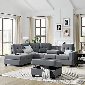 Merax L Shaped Sectional Sofas 3-Seat Sofa Sets Sectional Sofa Couches with Reversible Chaise Lounge, Cup Holders and Storage Ottoman for Living Room Furniture (Grey)